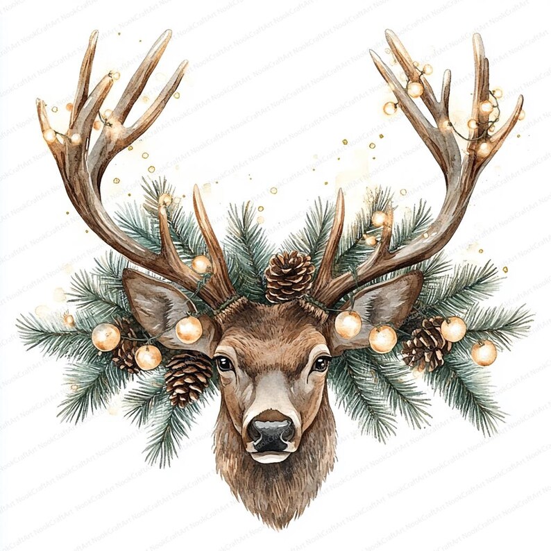 23 Deer Antlers Clipart With Garland Lights | Festive Christmas Decor ...