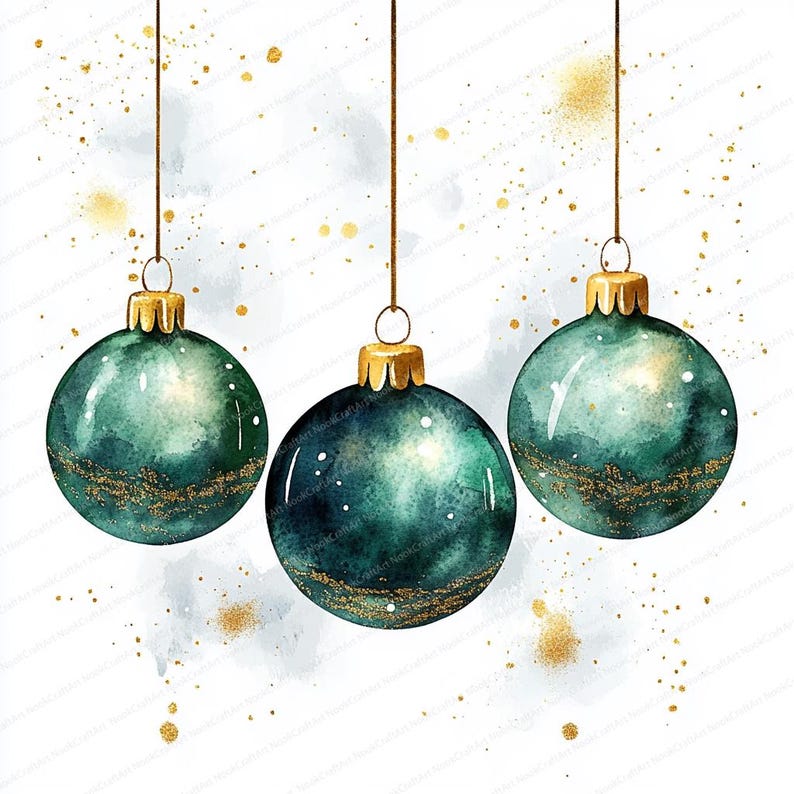 20 Christmas Card Clipart | Green and Gold Baubles Design | Printable ...