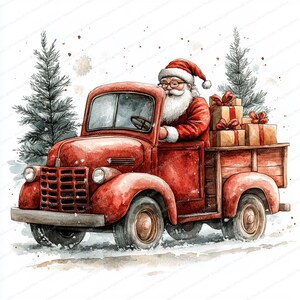 Santa Red Truck Clipart: Watercolor Holiday Designs (JPG Files) - Etsy