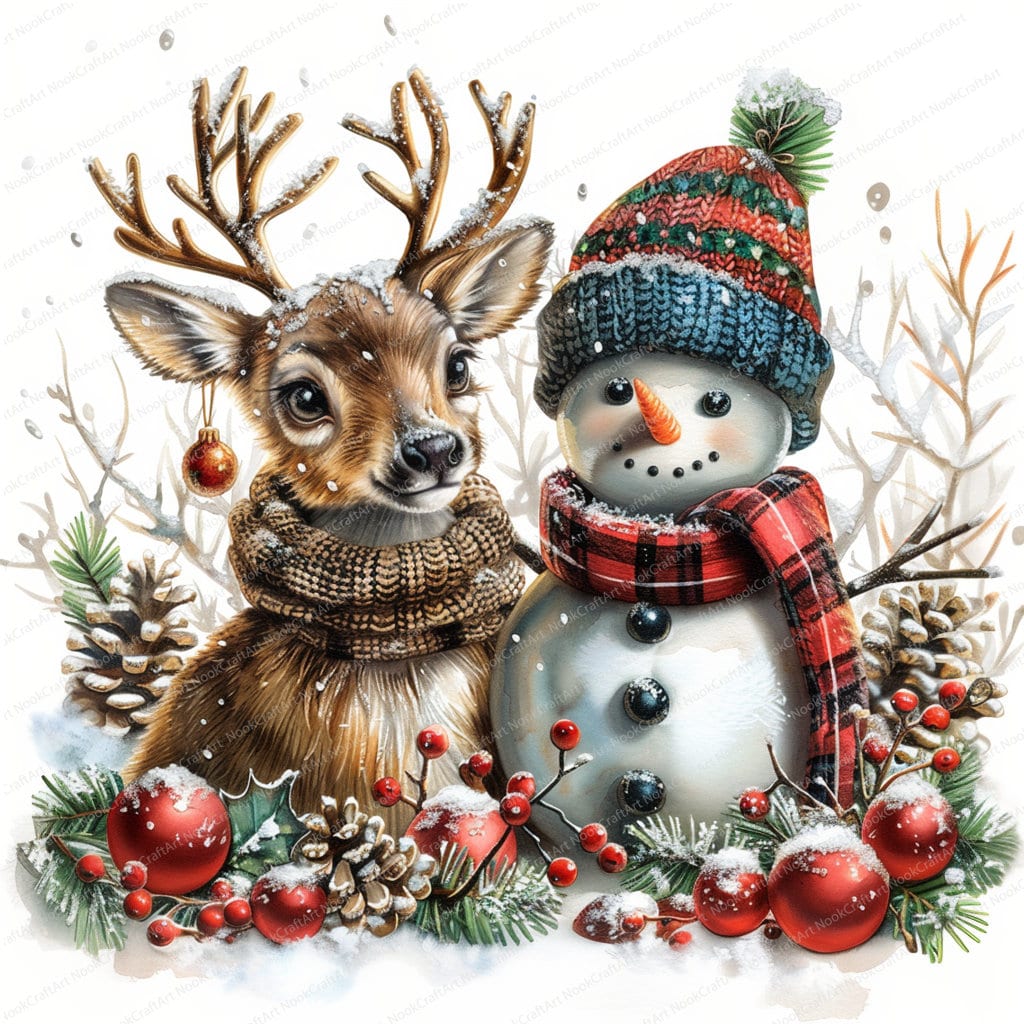 12 Cute Snowmen With Reindeer Clipart Christmas Clipart Printable ...
