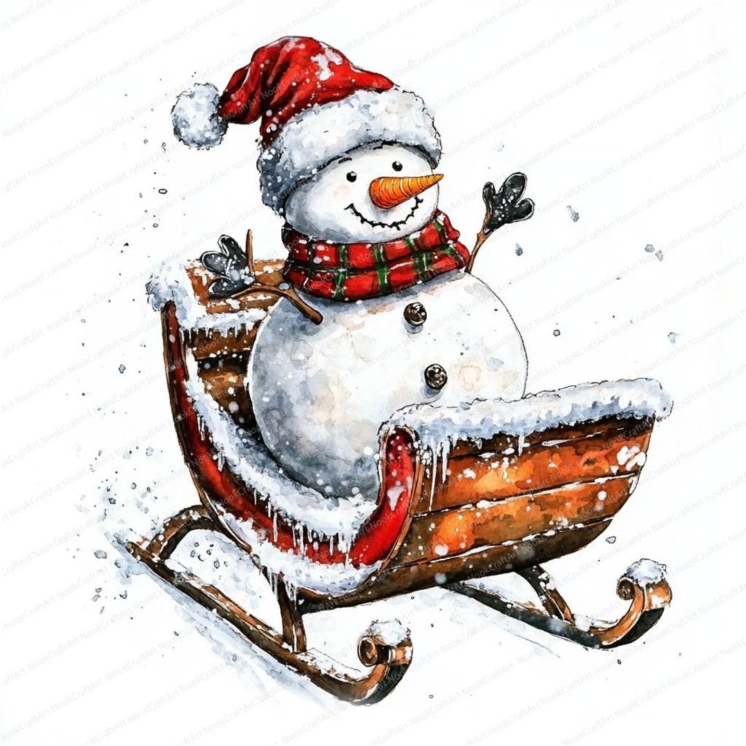 20 Snowman Sleigh Clipart | Winter Sleigh Ride | Printable Watercolor ...