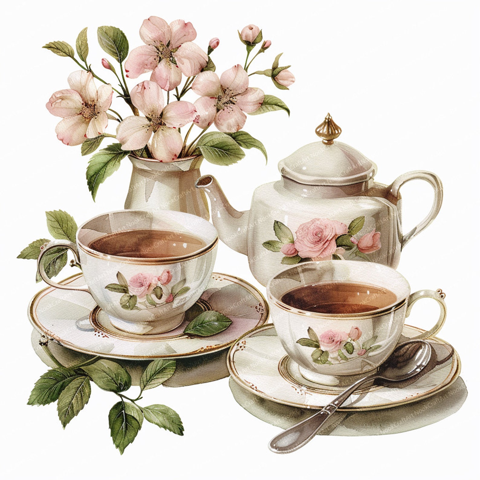 12 Tea Set Clipart Floral Tea Set Printable Watercolor Clipart High ...