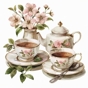 12 Tea Set Clipart | Floral Tea Set | Printable Watercolor Clipart ...