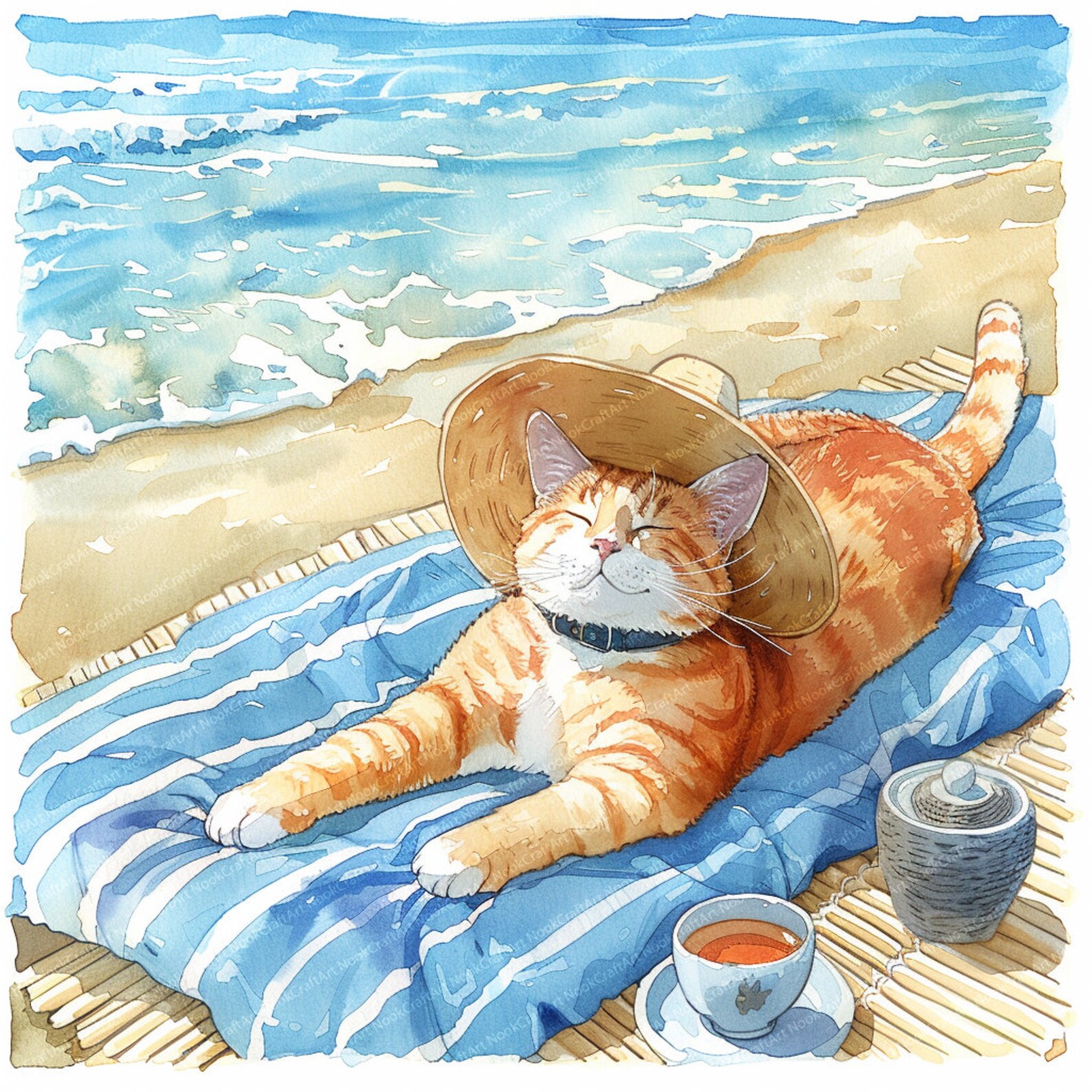 Kitten on Summer Vacation Clipart, Cute Kitten, Printable Watercolor ...