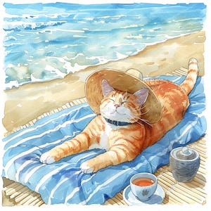 Kitten on Summer Vacation Clipart, Cute Kitten, Printable Watercolor ...