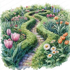 20 Garden Maze Clipart | Blooming Hedge Pathways | Printable Watercolor ...