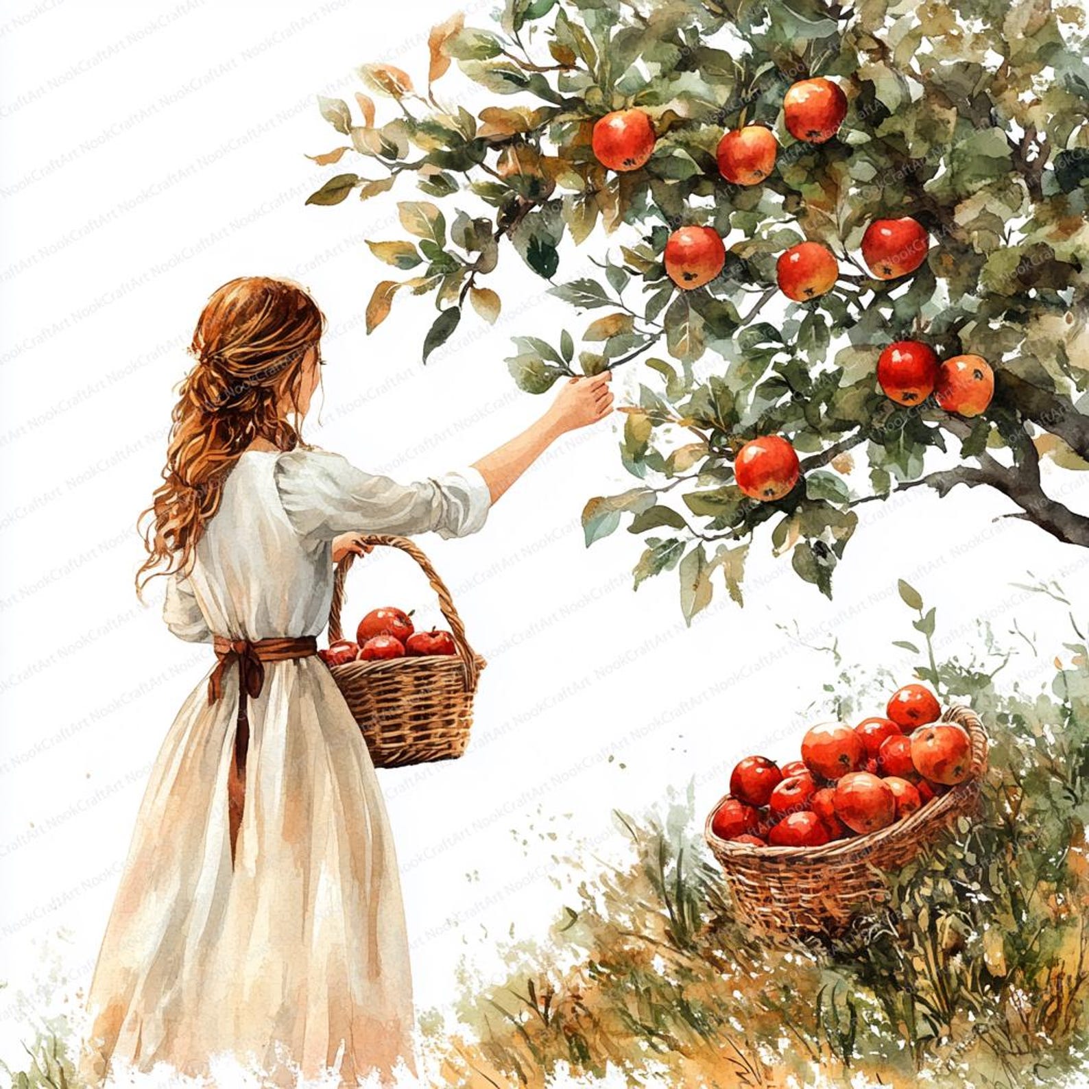 22 Apple Picking Girl Clipart | Harvesting in Light Dress | Printable ...