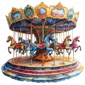 18 Carousel Horse Clipart | Whimsical Fairground Illustrations| Printable Watercolor Clipart ...