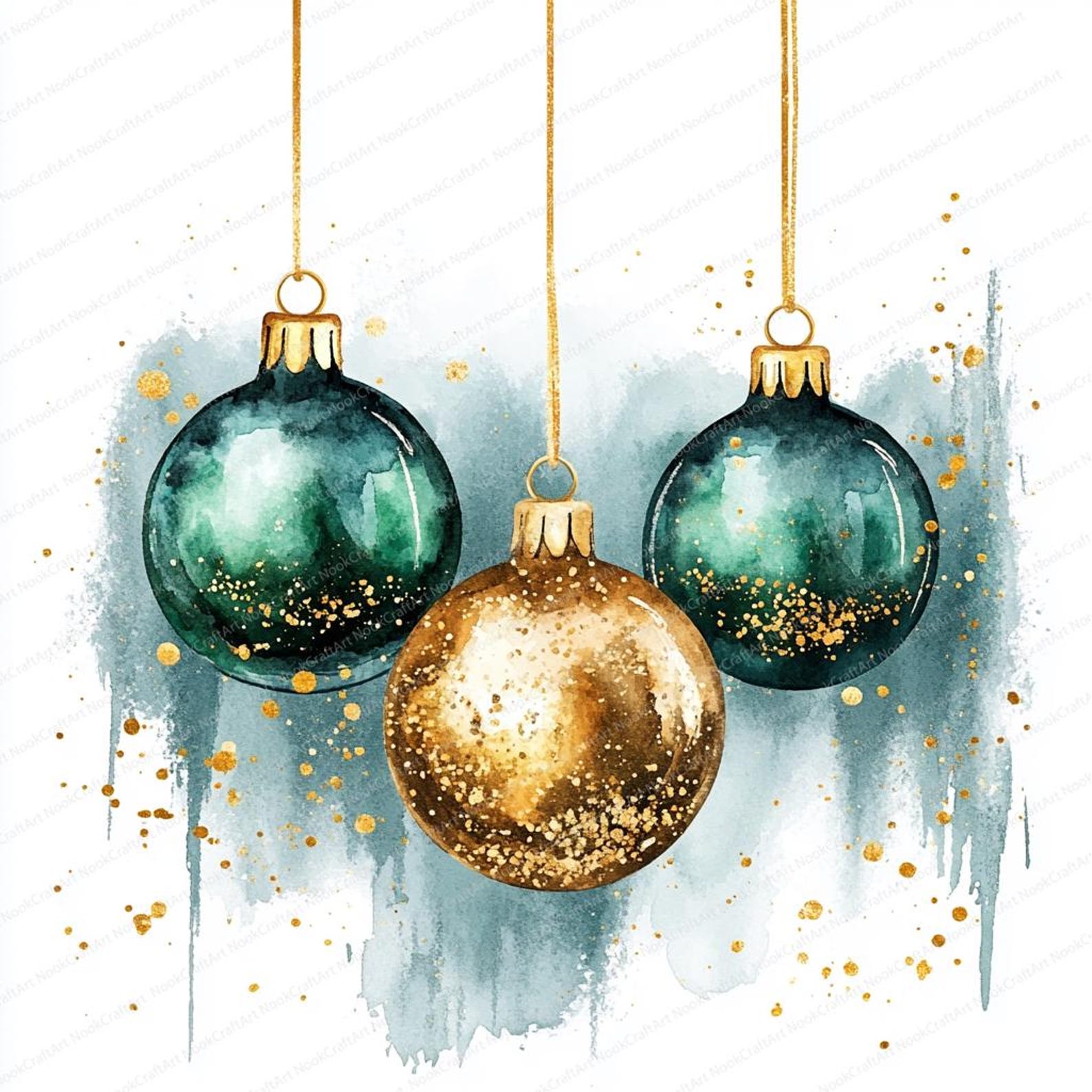 20 Christmas Card Clipart | Green and Gold Baubles Design | Printable ...