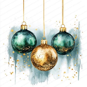 20 Christmas Card Clipart | Green and Gold Baubles Design | Printable ...