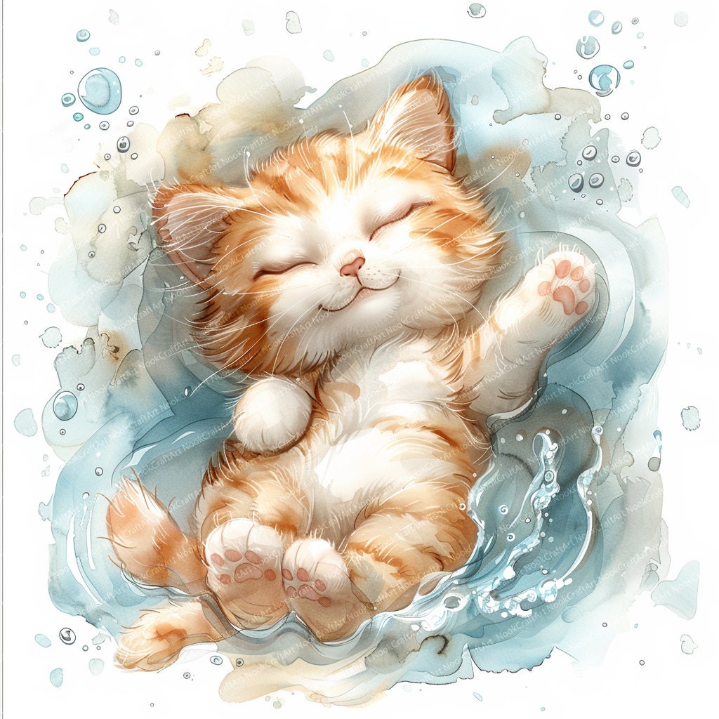 Kitten on Summer Vacation Clipart, Cute Kitten, Printable Watercolor ...