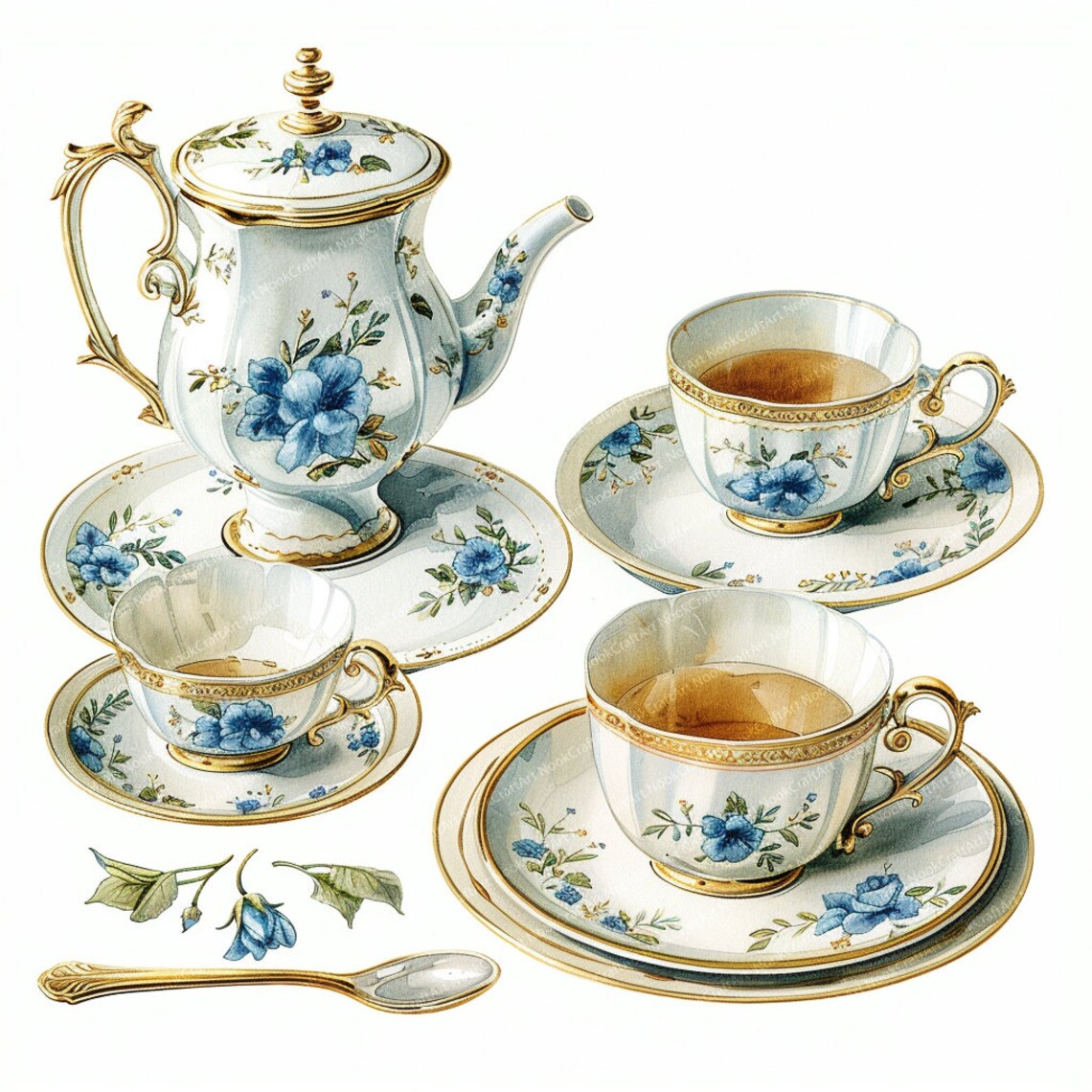 12 Tea Set Clipart Floral Tea Set Printable Watercolor Clipart High ...