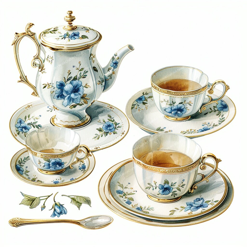 12 Tea Set Clipart Floral Tea Set Printable Watercolor Clipart High ...