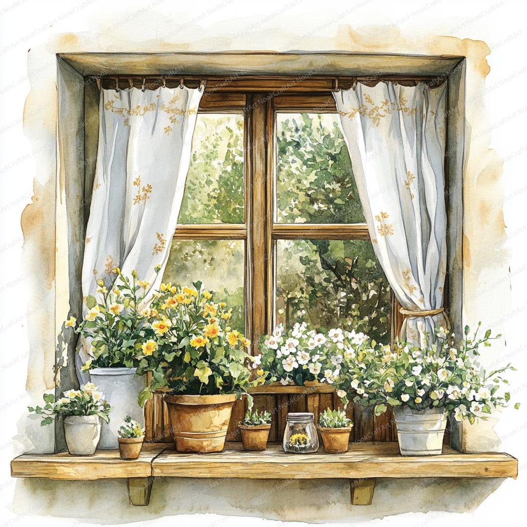 18 Window With Garden View Clipart | Cozy Home Decor Illustration ...