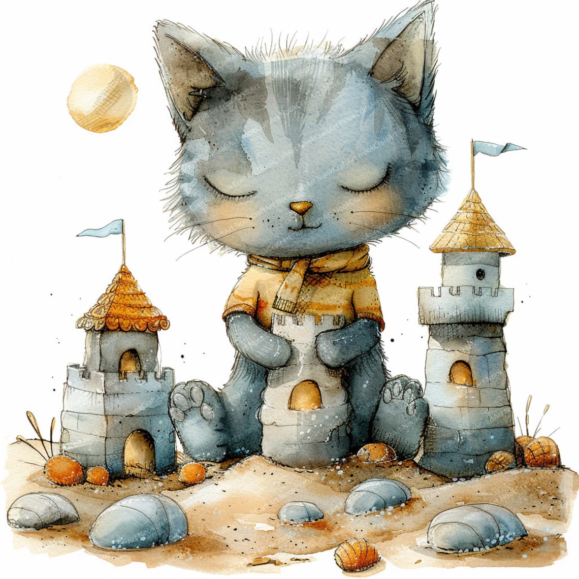 Kitten on Summer Vacation Clipart, Cute Kitten, Printable Watercolor ...