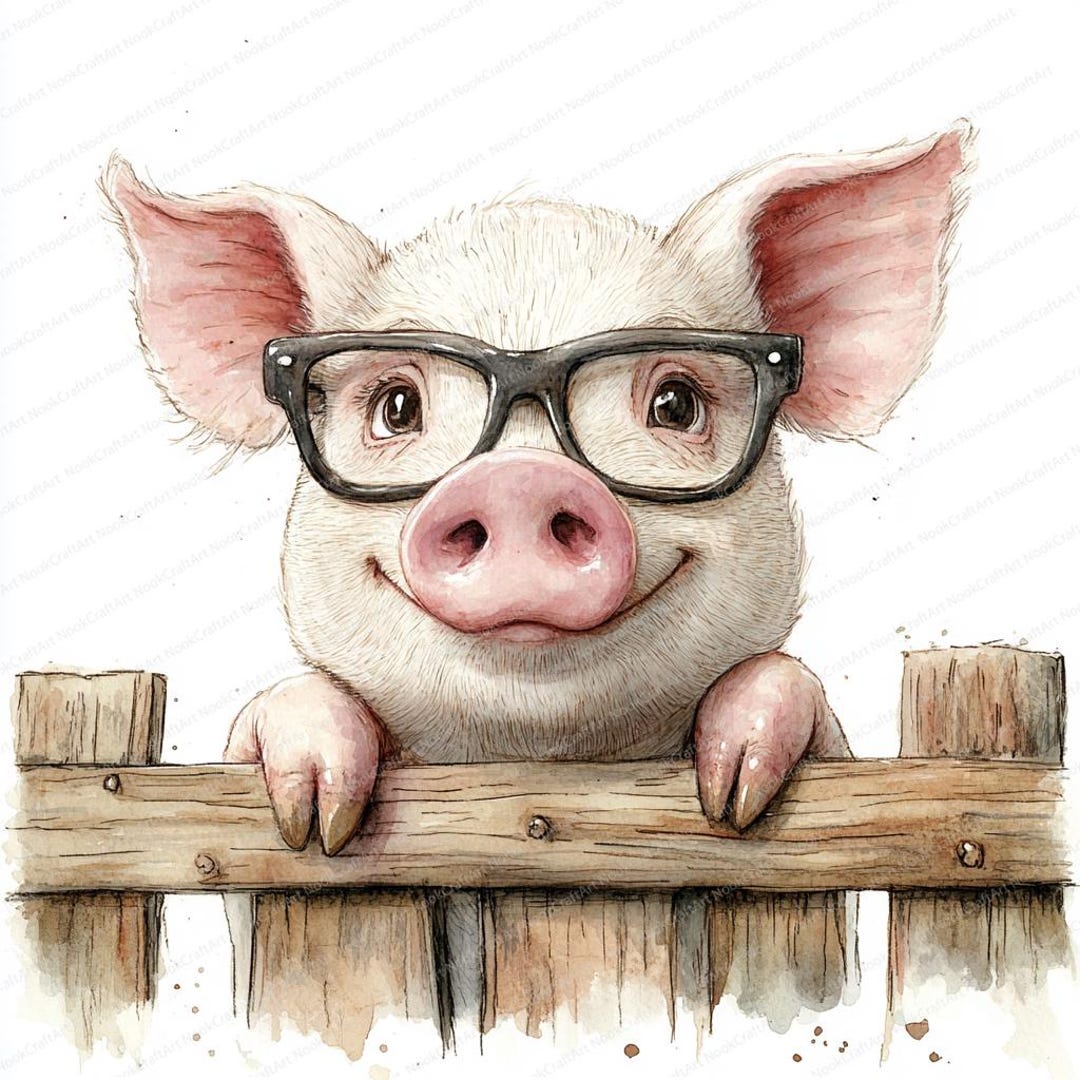 16 Pig With Glasses Clipart | Cute Farm Animal Illustration | Printable ...