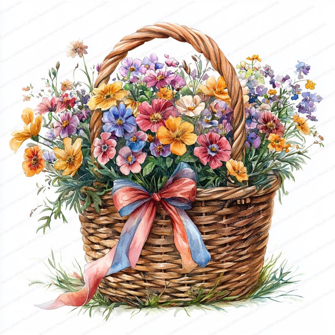 20 Spring Floral Basket Clipart | Flowers and Ribbons Illustration ...