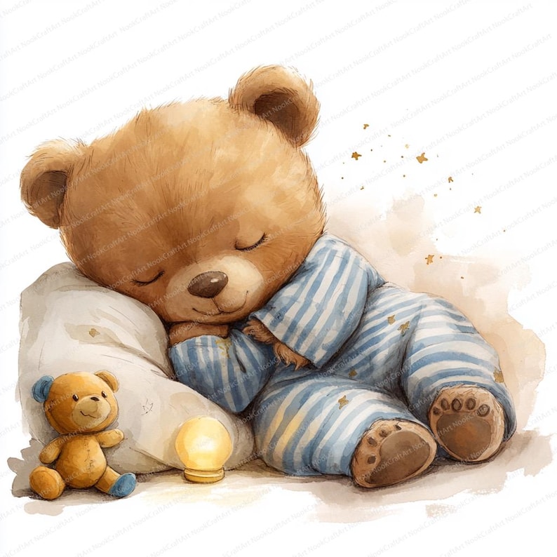24 Sleeping Bear in Pajamas Clipart | Cute Bedtime Digital Illustration ...