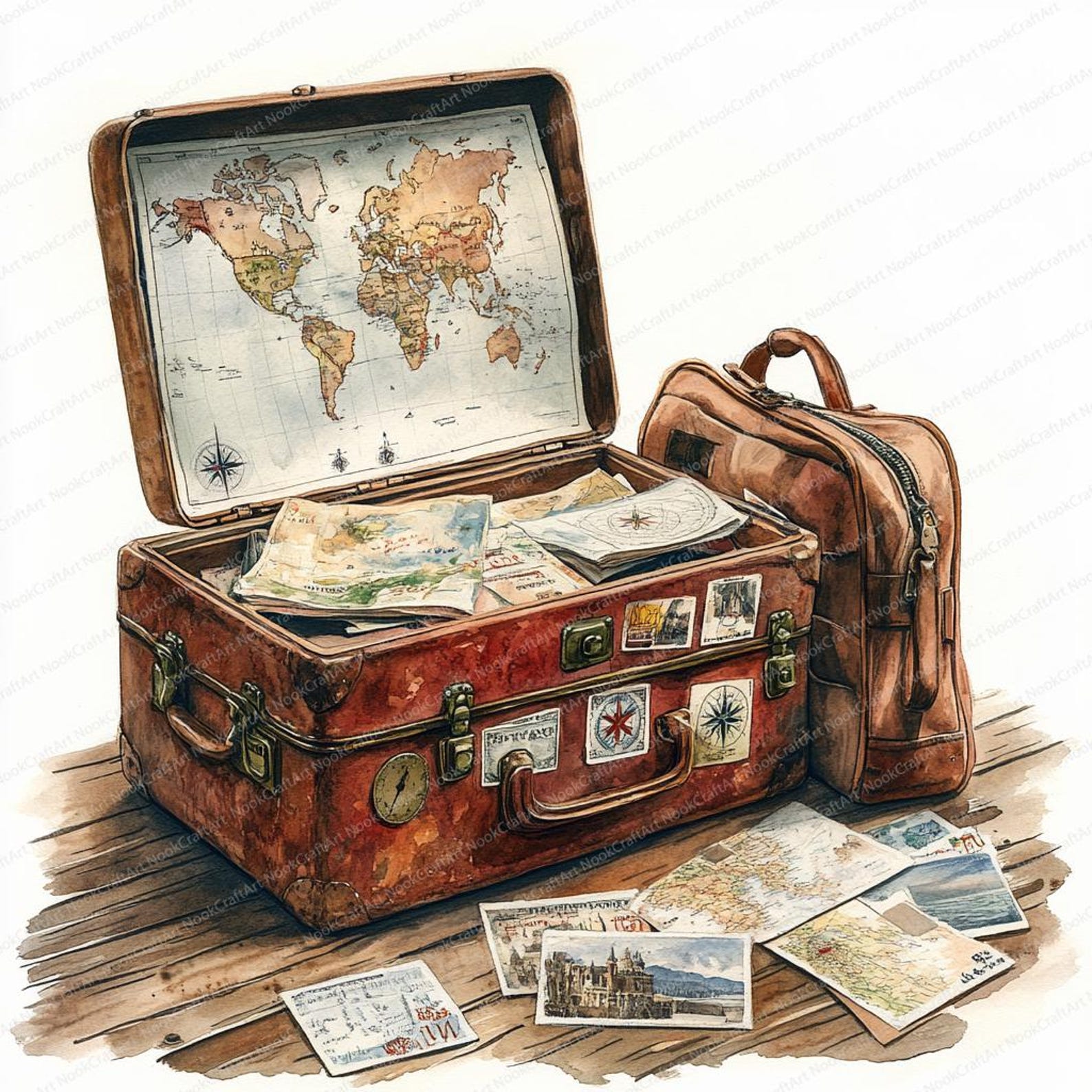 22 Vintage Travel Adventure Clipart | Suitcase With Map and Compass ...