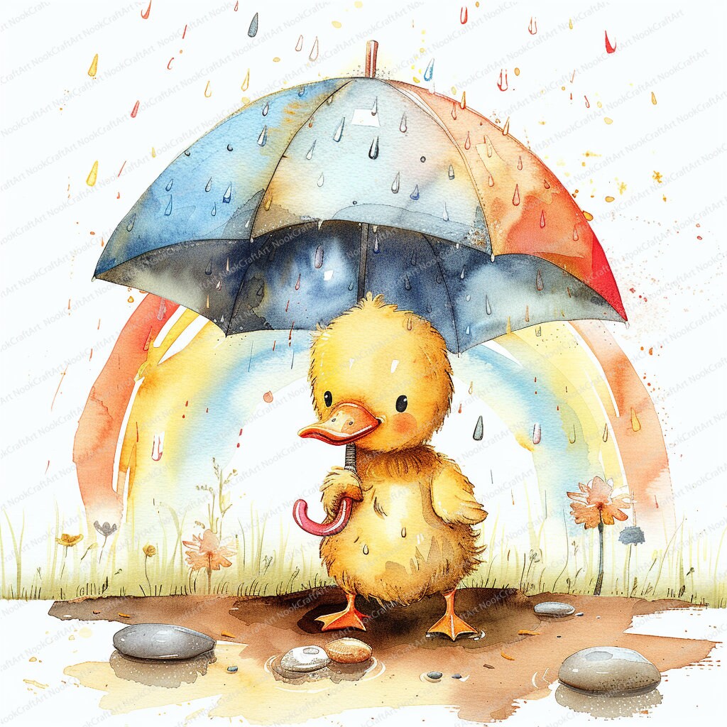 12 Duckling in Rain Clipart Duckling Under the Rainbow Printable ...