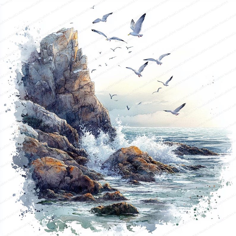 18 Seaside Cliffs Clipart | Majestic Gulls and Waves | Printable ...