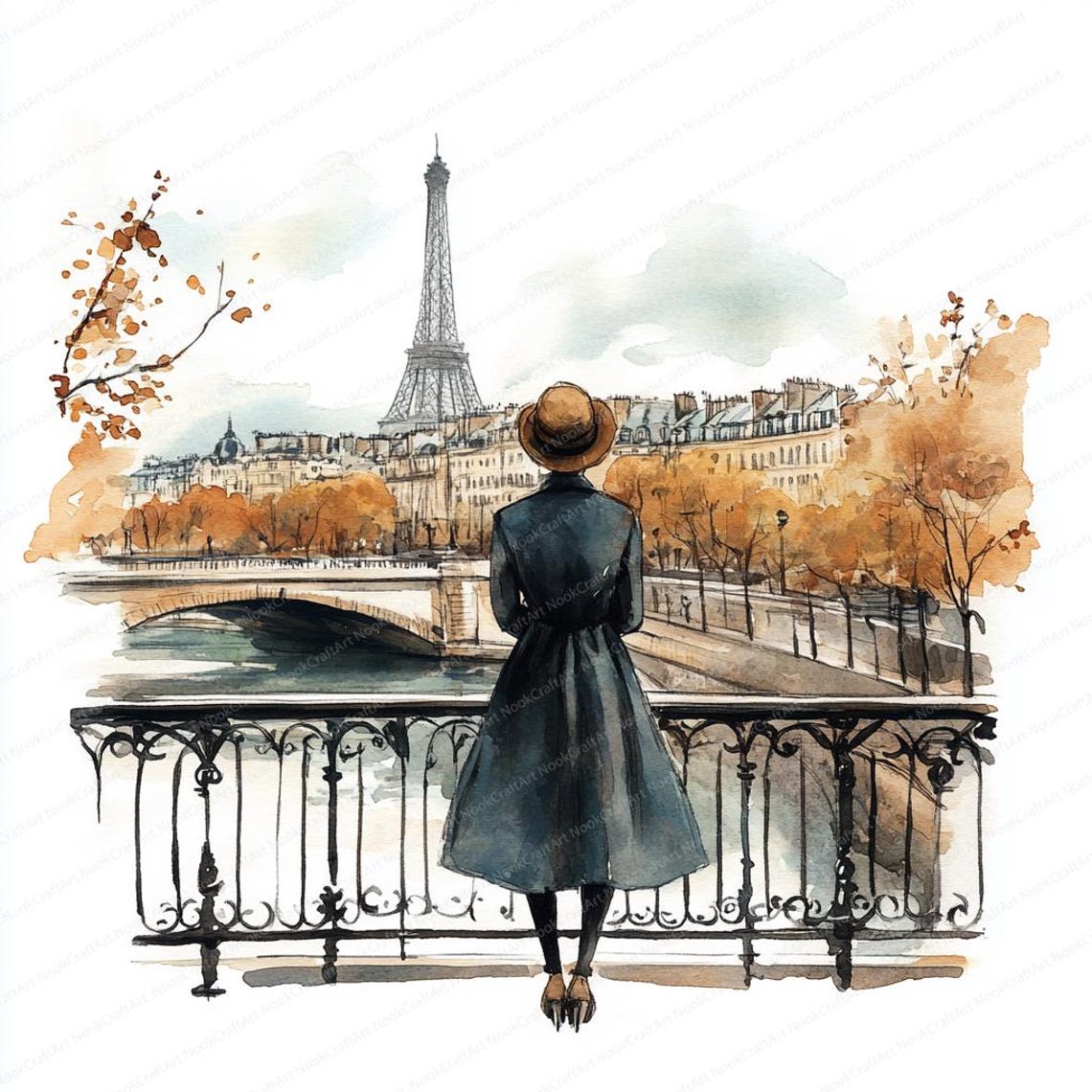 16 Woman on Bridge Clipart Fall in Paris Printable Watercolor Clipart ...