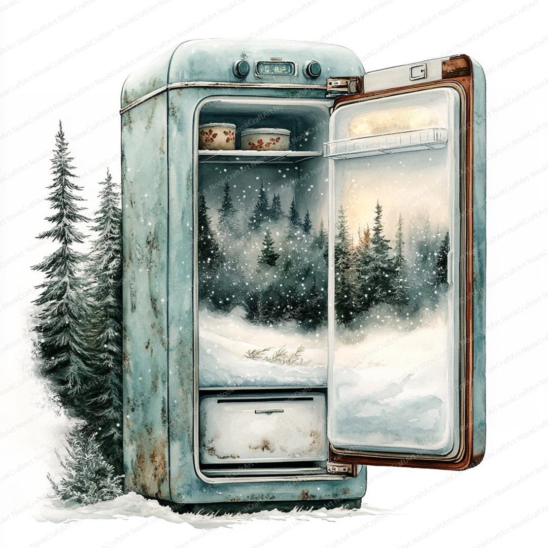 21 Retro Refrigerator Winter Scene Clipart | Vintage Fridge With Snowy ...