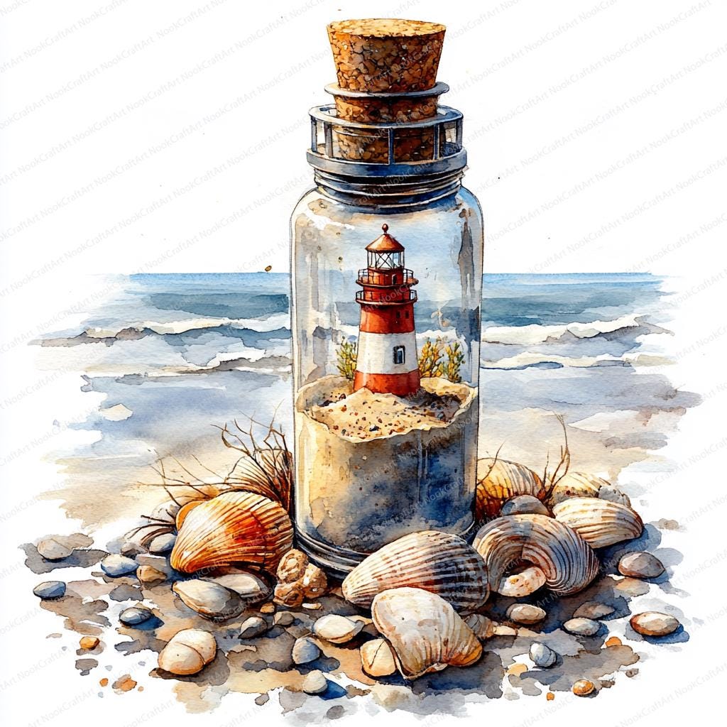 24 Lighthouse in a Bottle Clipart | Nautical Beach Scene Illustration ...