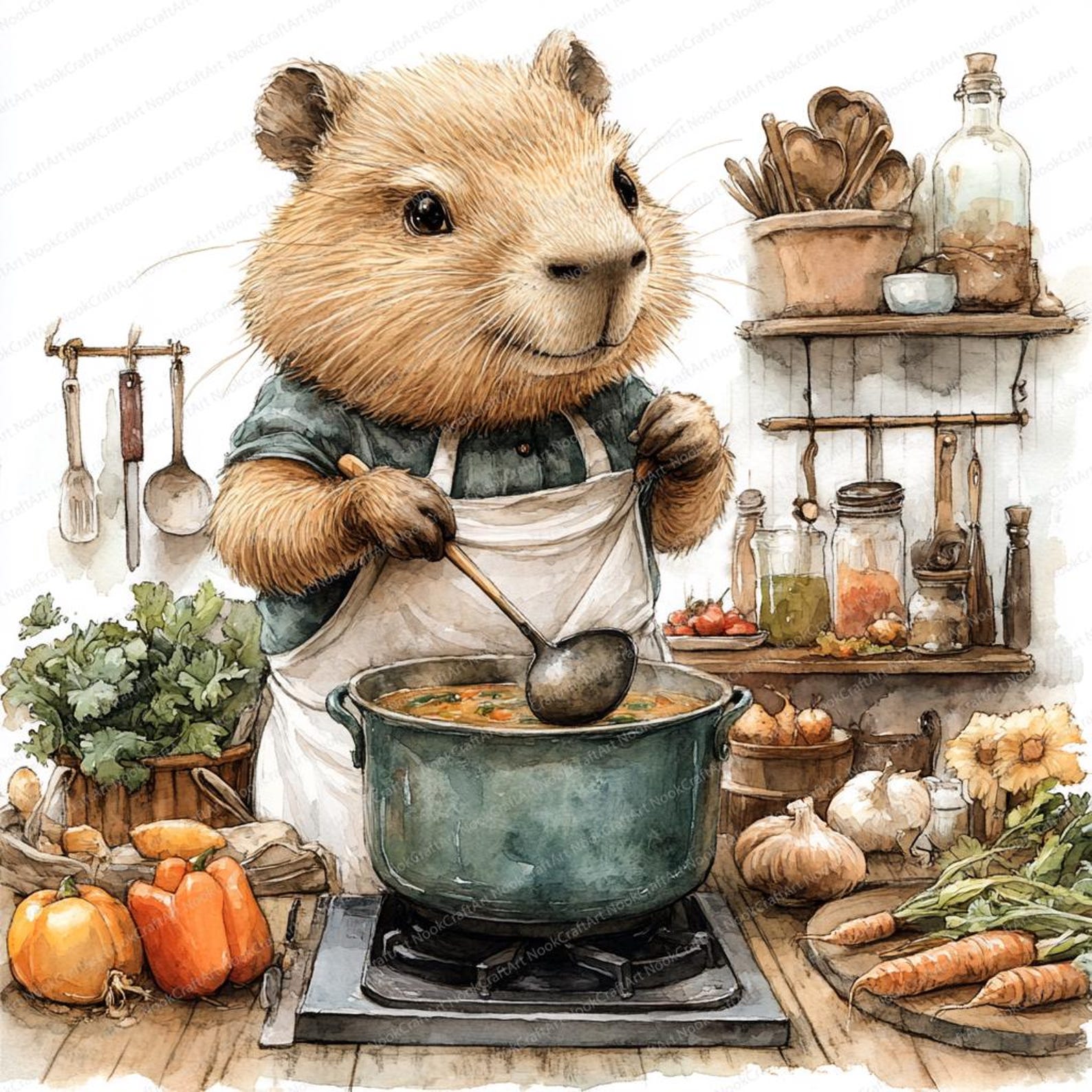 19 Capybara Cooking Soup Clipart | Adorable Animal Kitchen Illustration ...