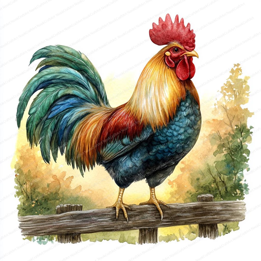 19 Colorful Rooster Clipart on Fence | Sunrise Farmyard Illustration ...