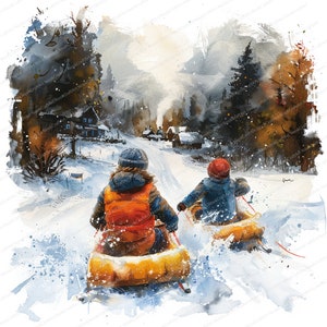 12 Cliparts Kids on Sleds | Winter Clipart | Printable Watercolor ...