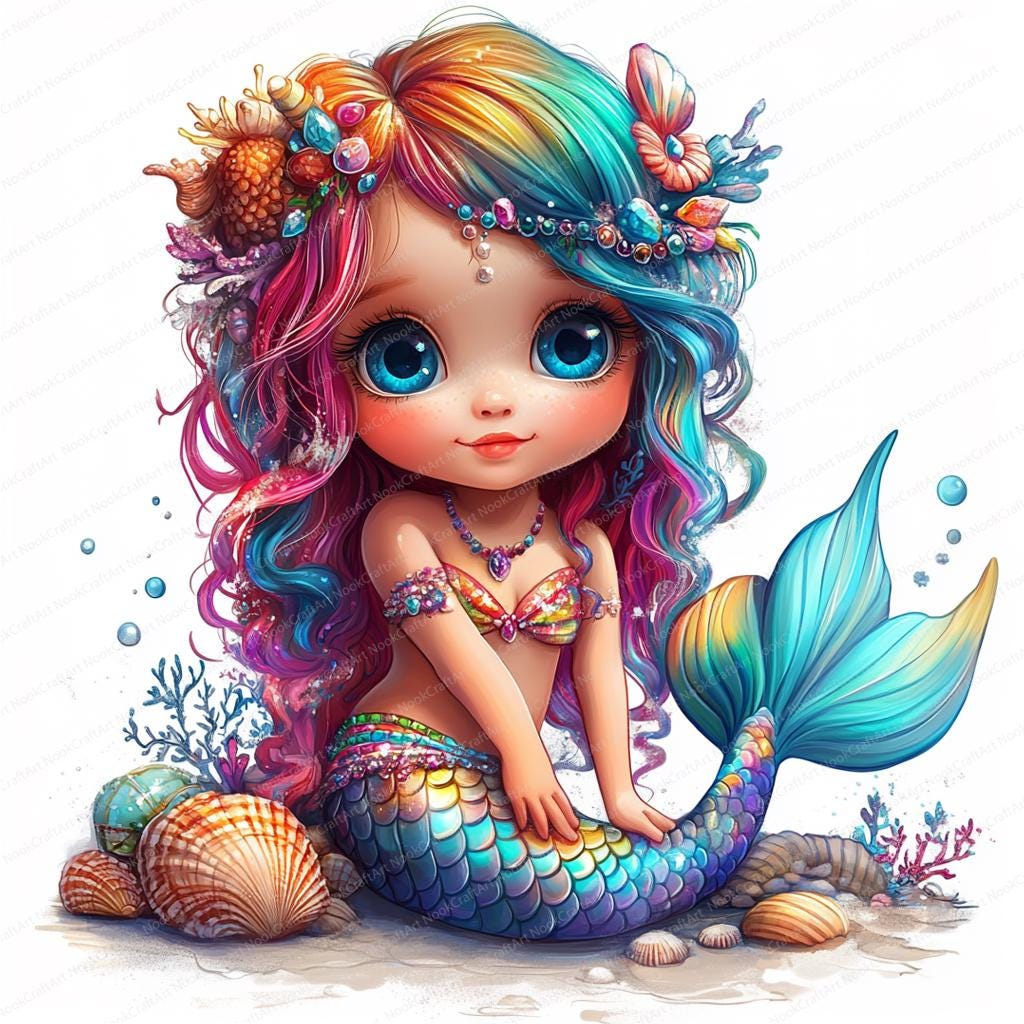 14 Cute Mermaid Clipart Printable Watercolor Clipart High Quality Jpgs ...
