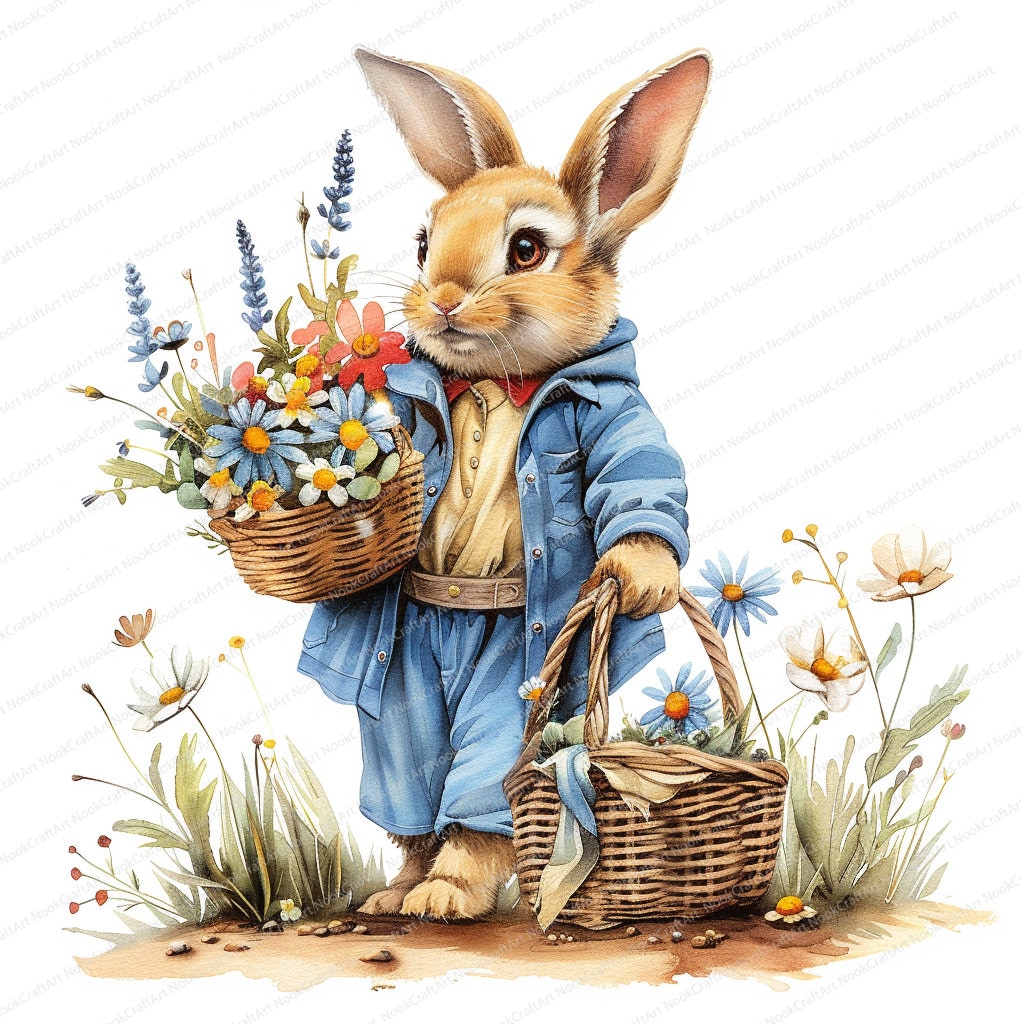 14 Spring Bunny Clipart Cute Bunny With Flowers Printable Watercolor ...