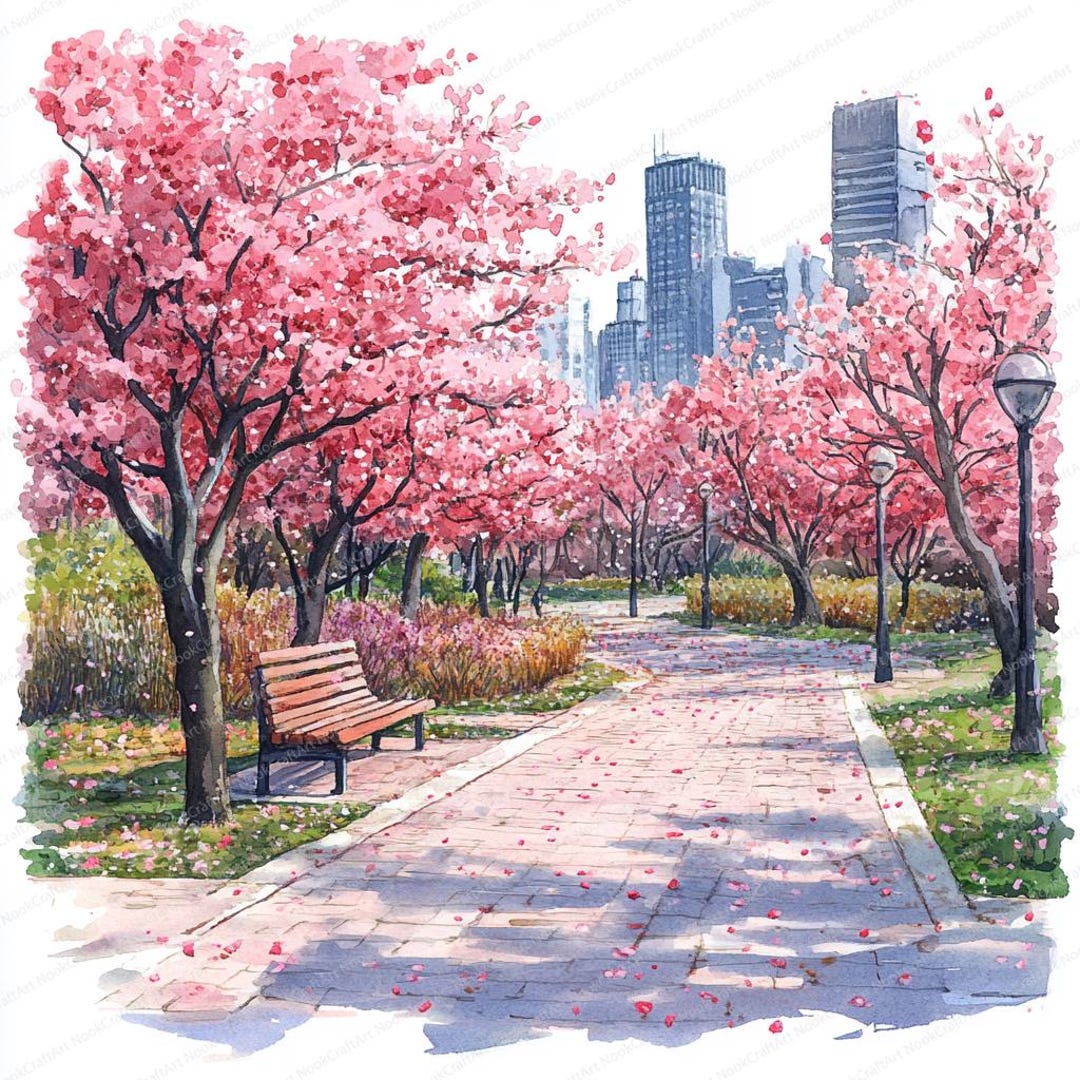 17 Modern Park Views Clipart | Blossoming Trees and Sculptures ...
