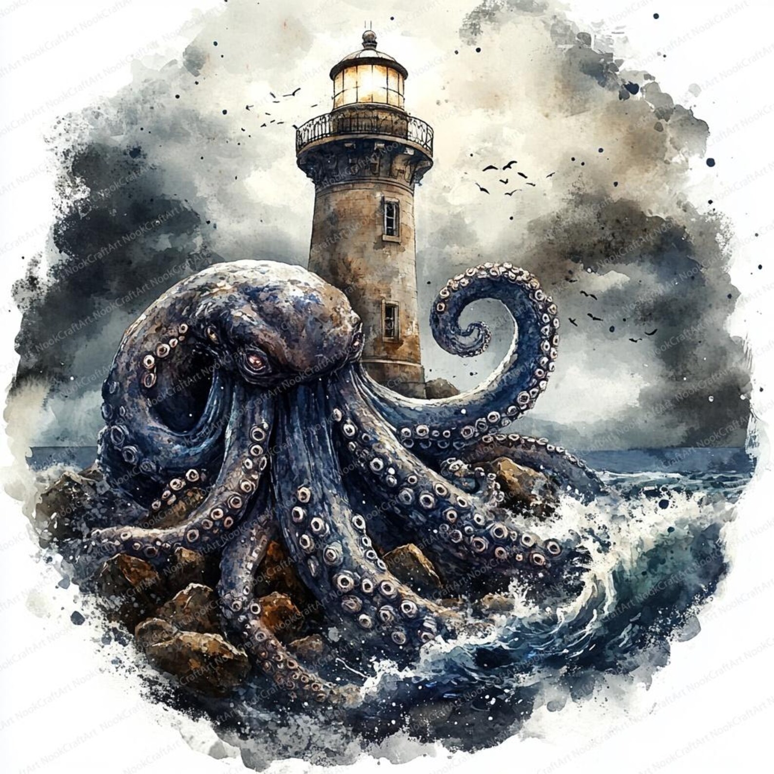 Kraken Lighthouse Watercolor Clipart: Nautical Fantasy Art (JPG) - Etsy