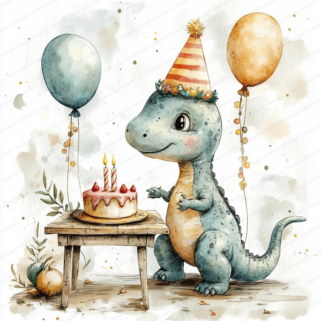 20 Dinosaur Birthday Clipart | Cute Dino With Party Hat | Printable ...