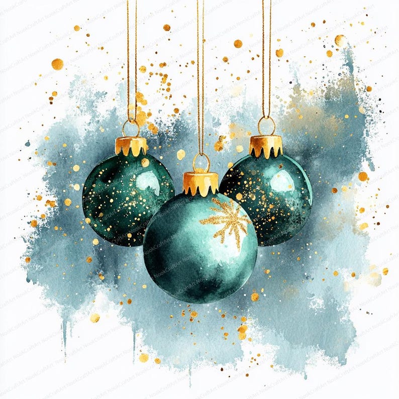 20 Christmas Card Clipart | Green and Gold Baubles Design | Printable ...