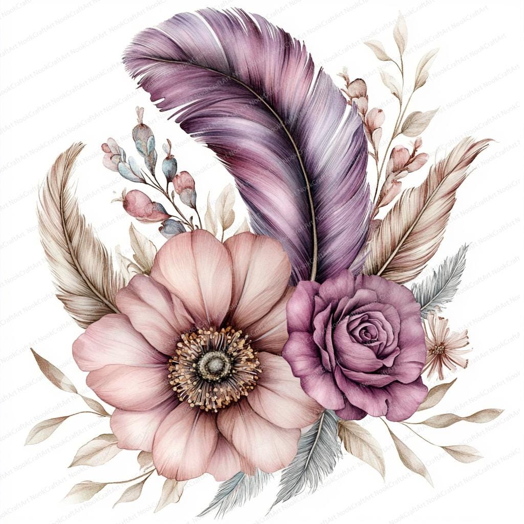 17 Floral Feathers Clipart | Elegant Boho Designs | Printable ...