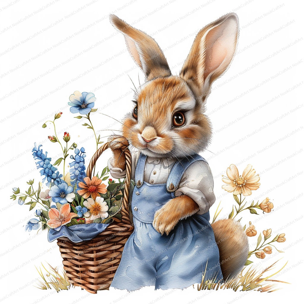 14 Spring Bunny Clipart Cute Bunny With Flowers Printable Watercolor ...