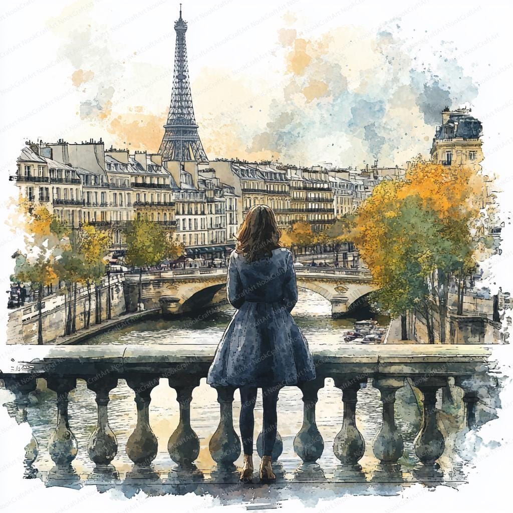 16 Woman on Bridge Clipart Fall in Paris Printable Watercolor Clipart ...