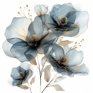 12 Abstract Flowers Clipart | Blue Gold Flower | Printable Watercolor ...