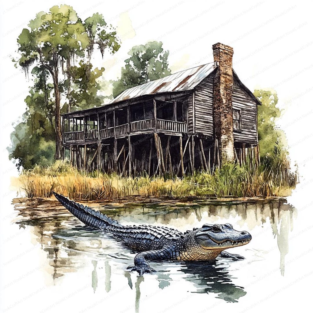 14 Old Shack on the Bayou Clipart | Watercolor Swamp Landscape ...