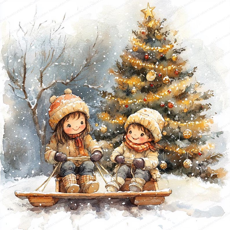 17 Winter Sledding Kids Clipart | Festive Christmas Tree Scene ...