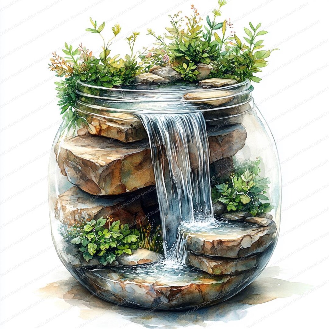 12 Miniature Waterfall Clipart | Nature Scene in Glass Jar | Printable ...