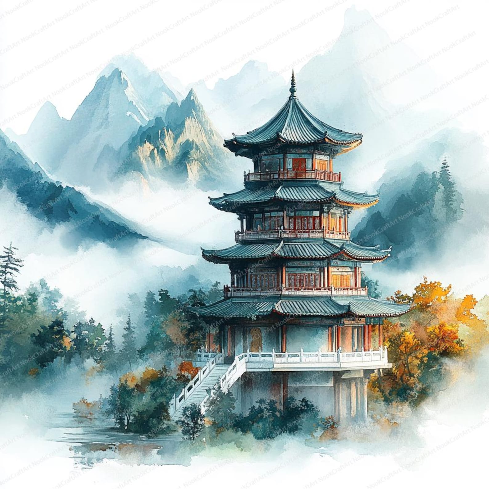 20 Mountain Pagoda Clipart | Chinese Landscape Illustration | Printable ...