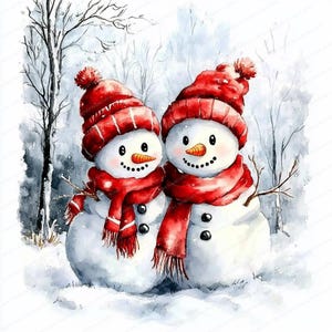 16 Cute Watercolor Snowman Pairs Winter Festive Printable Watercolor ...
