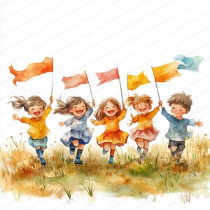 14 Children Running With Flags Clipart | Colorful Kids Illustrations ...