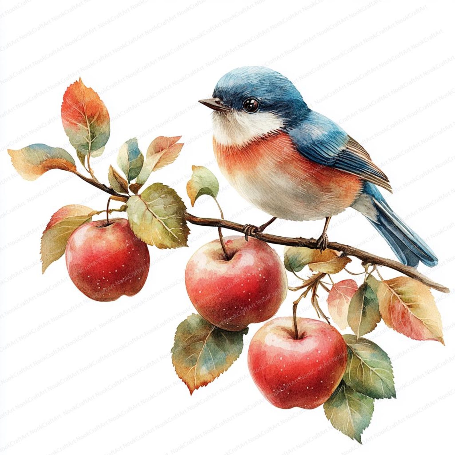 20 Bird on Branch With Apples Clipart | Nature Art Illustration ...