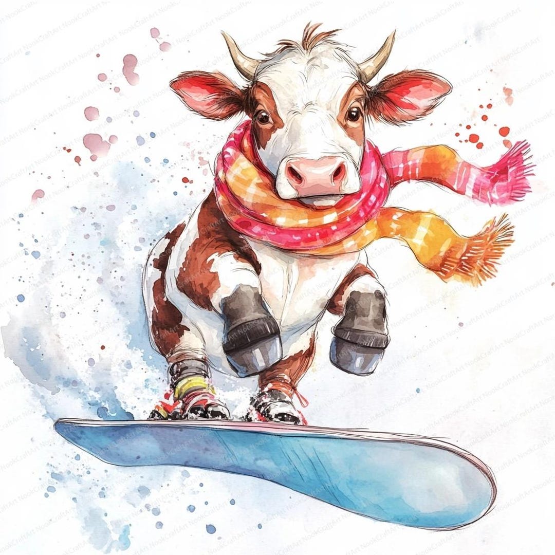 14 Cow Snowboarding Clipart | Fun Winter Designs | Printable Watercolor ...