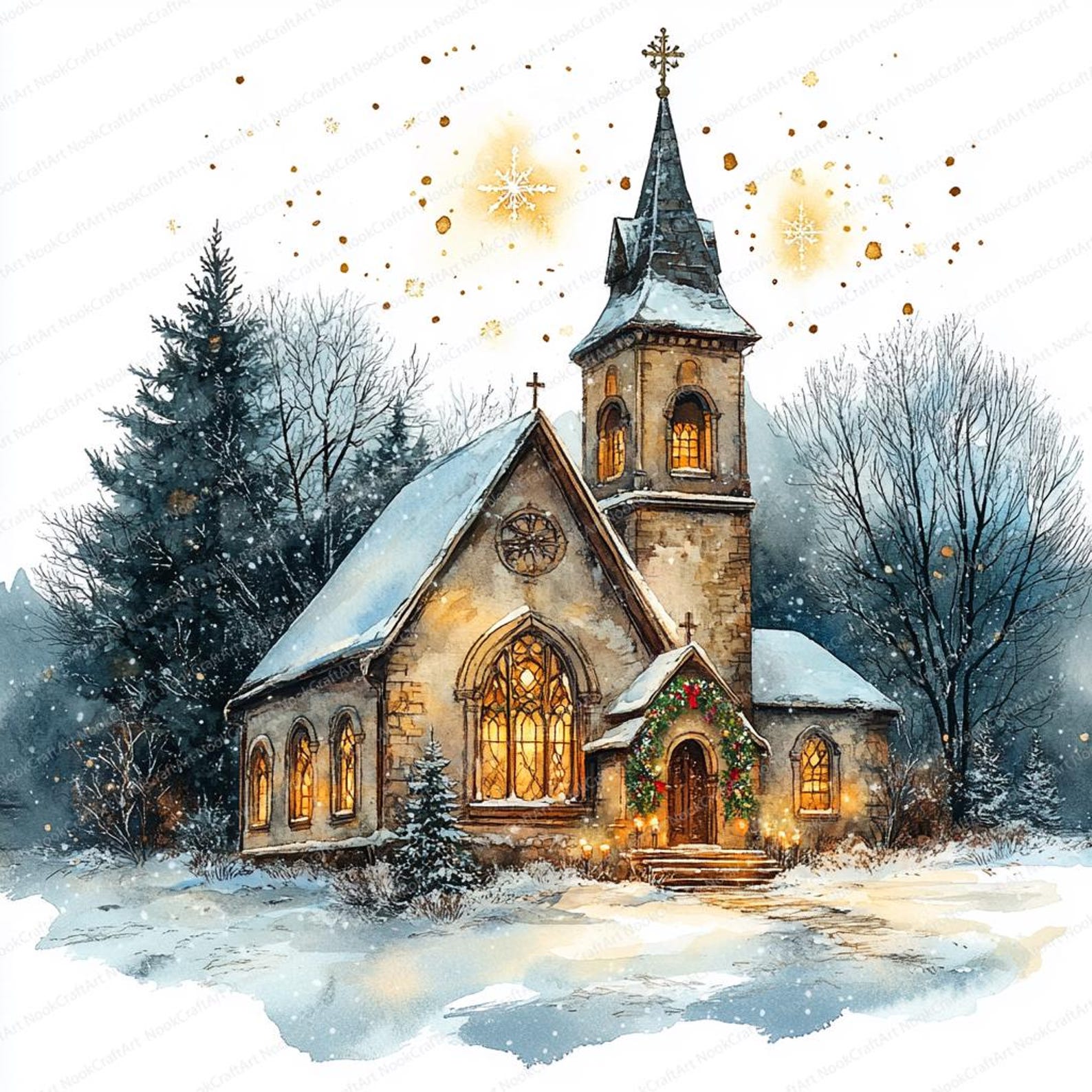 24 Snowy Church Clipart | Winter Night Scene Illustration | Printable ...
